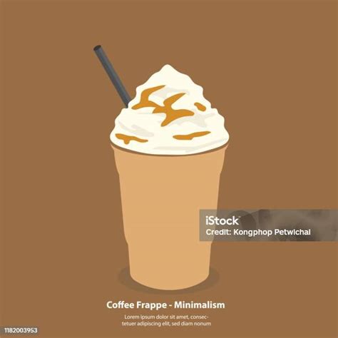 휘핑 크림과 캐러멜 소스를 곁들인 커피 프라페 미니멀리즘 0명에 대한 스톡 벡터 아트 및 기타 이미지 0명 갈색 거품 내기 Istock