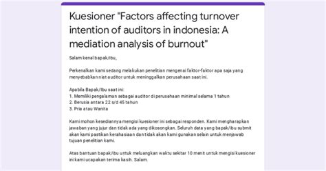 Kuesioner Factors Affecting Turnover Intention Of Auditors In