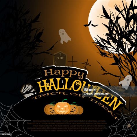 할로윈에 대 한 풀 문 나무 풀 문 비행 귀신의 실루엣 벡터 포스터 무리 박쥐 비 석 무덤의 십자가 그라데이션 어두운 갈색 바탕에 호박의 그룹 10월에 대한 스톡 벡터 아트