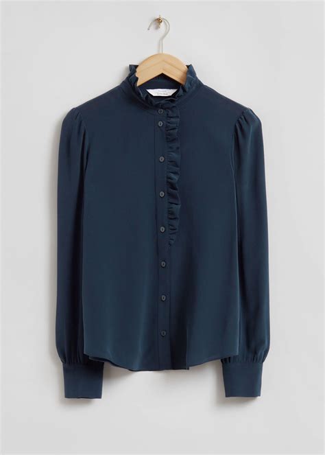 And Other Stories Ruffled Mulberry Silk Blouse In Navy Blue Endource