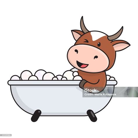 귀여운 행복 한 빨간 발견 된 소 또는 황소 거품 목욕걸립니다 황소는 중국 또는 동부 달력에 따라 2021 년 새해의 상징이다