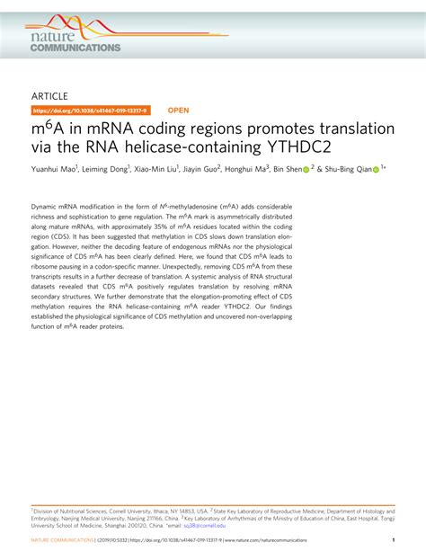 Pdf M6a In Mrna Coding Regions Promotes Translation Via The Rna Helicase Containing Ythdc2