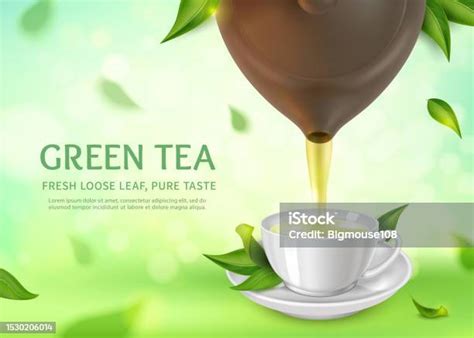 현실적인 상세한 3d 녹차 신선한 느슨한 잎 순수한 맛 광고 배너 개념 포스터 카드입니다 벡터 3차원 형태에 대한 스톡 벡터 아트 및 기타 이미지 Istock