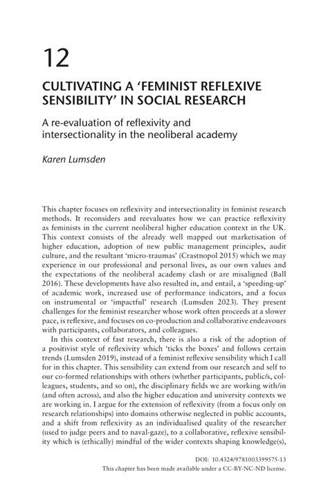 Pdf Cultivating A ‘feminist Reflexive Sensibility In Social Research
