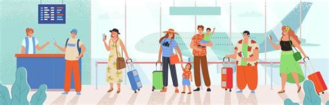 프론트 데스크에 줄을 서 있는 사람들 수하물이 있는 남성과 여성은 비행기로 출발하기를 기다리고 있습니다 플랫 스타일로 벡터 만화 그림 공항에 대한 스톡 벡터 아트 및 기타