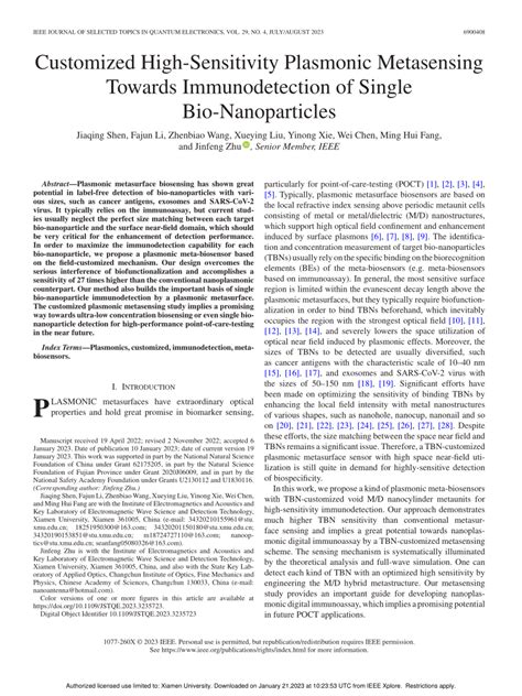Pdf Customized High Sensitivity Plasmonic Metasensing Towards Immunodetection Of Single Bio