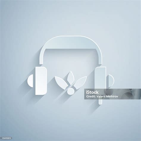 회색 배경에 고립 된 명상 아이콘에 대한 종이 컷 헤드폰 종이 아트 스타일 벡터 3차원 형태에 대한 스톡 벡터 아트 및 기타 이미지 3차원 형태 개념 건강한 생활방식