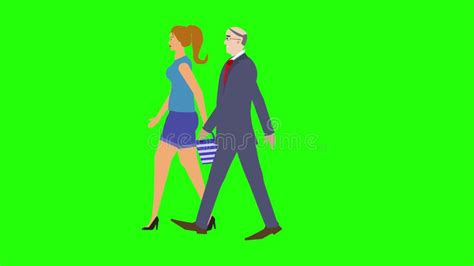 Animation With Man And Women Character Walking Side View Seamless Loop On Green Screen Chroma
