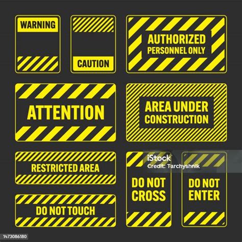 대각선이있는 다양한 노란색 경고 표지판 주의 위험 또는주의 표지판 건설 현장 표지판 현실적인 통지 간판 경고 배너 도로 방패