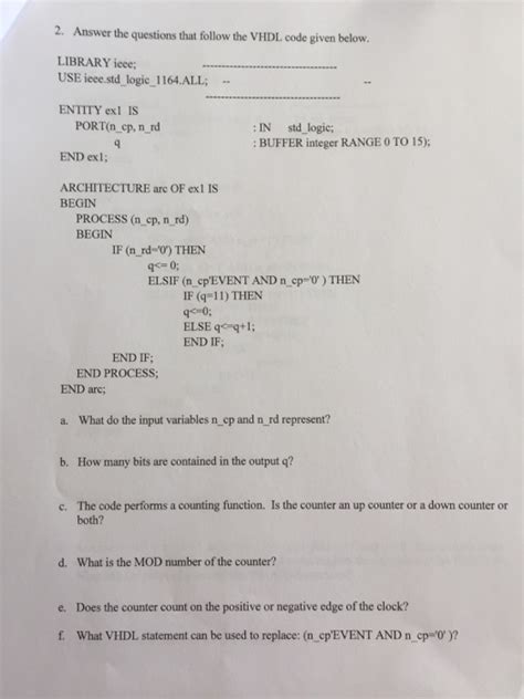 solved answer the questions that follow the vhdl code given