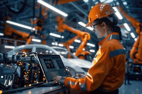 Premium Photo Female Engineer Monitors Robot Arm Assembly Line In Car Factory
