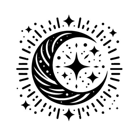 A Symmetrical Black And White Celestial Illustration Featuring A Crescent Moon Surrounded By