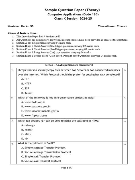 Class 10 Computer Application Sample Question Paper With Marking Scheme