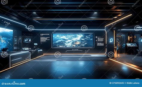 A Futuristic Command Center With Multiple Screens Displaying Data And A World Map Stock