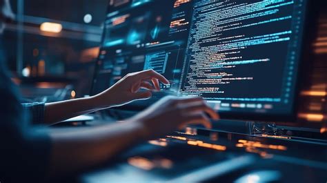 A Programmer Writing Code On Multiple Monitors In A Dimly Lit Room At