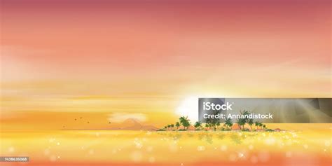 분홍색과 주황색 하늘이 있는 해변의 일몰 아침에 섬에 있는 코코넛 야자수 있는 아름다운 자연 여름에는 노란 하늘과 일새벽이 있는 열대 바다 해변 산에 대한 스톡 벡터 아트