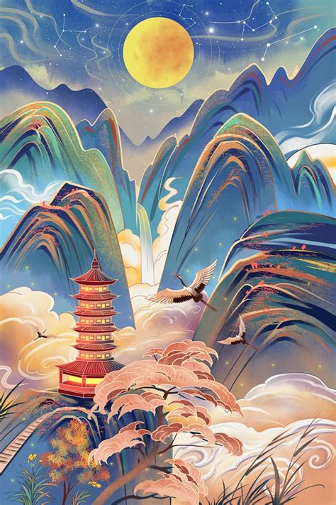 千库网 中秋节中秋月色古风建筑秋天山水中秋场景 插画编号92620图片 参考 日报风插画图片素材 花瓣网