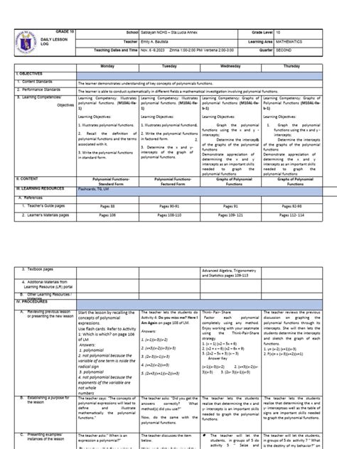 Grade 10 Quarter 2 Week 1 Pdf Function Mathematics Polynomial