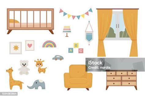 어린이를 위한 보육실 가구 및 액세서리 어린이 방 현대적인 인테리어 디자인 장난감 안락의자 옷장 창문 커튼 램프 유아용 침대 벡터 디자인 요소 아기 침대에 대한 스톡 벡터
