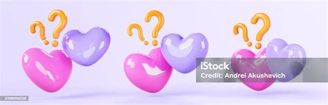 물음표가 있는 커플 하트의 3d 세트 격리된 렌더링 아이콘 분홍색 보라색 기호와 의심 징후 알 수 없는 발렌타인 데이를 좋아