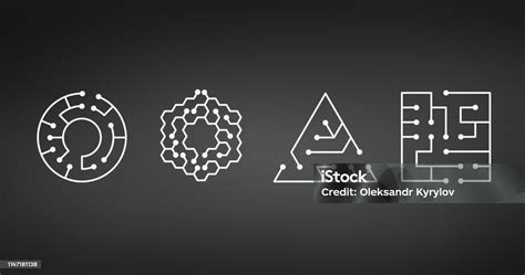 회로 보드 아이콘입니다 사각형 원 삼각형 육각형 그것의 미로의 추상적인 모양입니다 기술 기호입니다 컴퓨터 소프트웨어 개념입니다