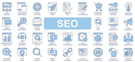 Seo Icons Set In Duotone Outline Stroke Design For Web Pack Pictograms