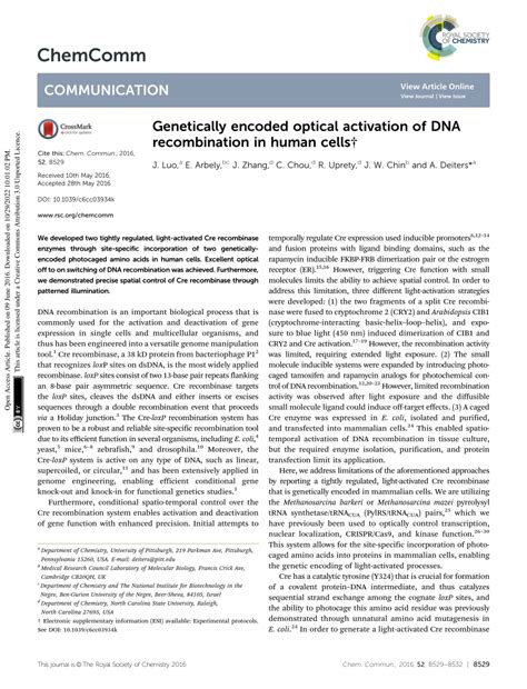 Pdf Genetically Encoded Optical Activation Of Dna Recombination In