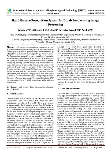 Pdf Irjet Hand Gesture Recognition System For Dumb People Using Image Processing