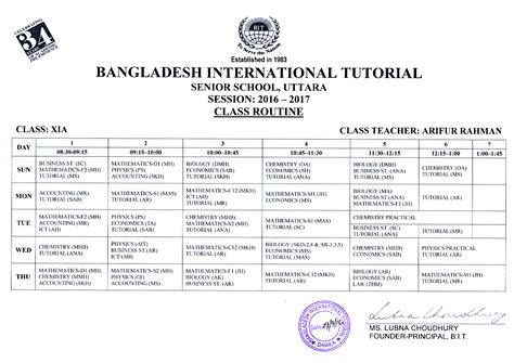 B I T L Bangladesh International Tutorial Limited Class Routine 2016 2017