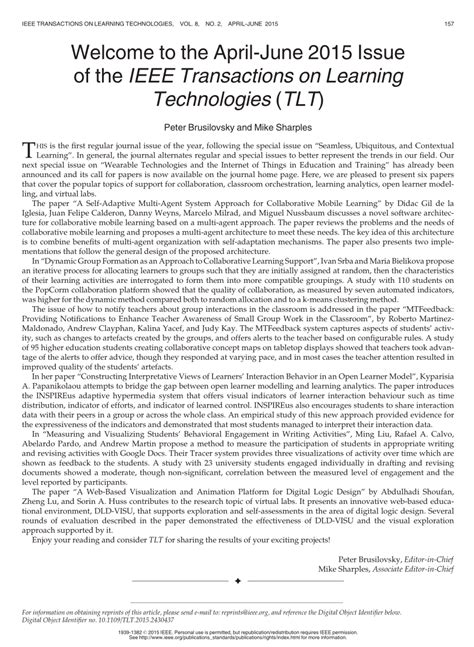 PDF Welcome To The April June Issue Of The IEEE Transactions On Learning Technologies TLT