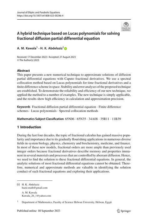 Pdf A Hybrid Technique Based On Lucas Polynomials For Solving Fractional Diffusion Partial