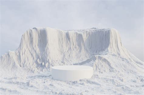 3d 렌더링 겨울 플랫폼 및 사실적인 자연 배경 얼음 눈 산의 눈 연단 제품 스탠드 디스플레이 광고 모형 등을 위한 배경 하늘 및 구름 돌 바위에 대한 스톡 사진 및 기타