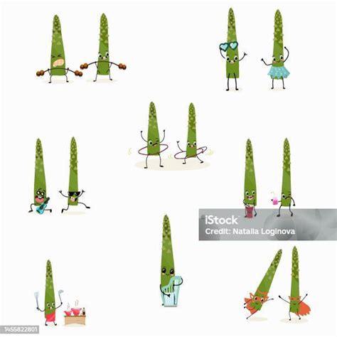 재미있는 아스파라거스 세트 스포츠를 하는 캐릭터 컬렉션 악기 연주 승마가 있는 삽화 재미 있고 건강한 음식 귀여운 얼굴 음식 재료 채식주의 벡터 만화 감정에 대한 스톡 벡터