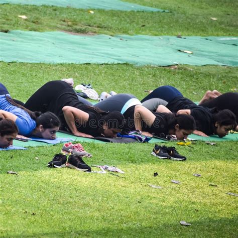 New Delhi India June 18 2022 Group Yoga Exercise Class Surya Namaskar For People Of