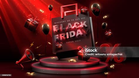 가방 풍선 리본 확성기 선물 상자 및 및 빔 효과와 같은 사실적인 3d 요소로 장식된 빈 검은색 연단이 있는 블랙 프라이데이 포스터 템플릿 블랙프라이데이에 대한 스톡 벡터