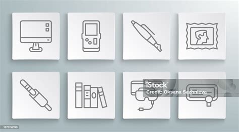 세트 라인 오디오 잭 테트리스 책 가상 현실 안경 인증서 템플릿 만년만 펜촉 우편 스탬프 및 컴퓨터 모니터 화면 아이콘 벡터