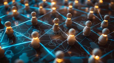 Wooden Pawns Connected By Glowing Lines On Digital Network Connectivity Collaboration Teamwork