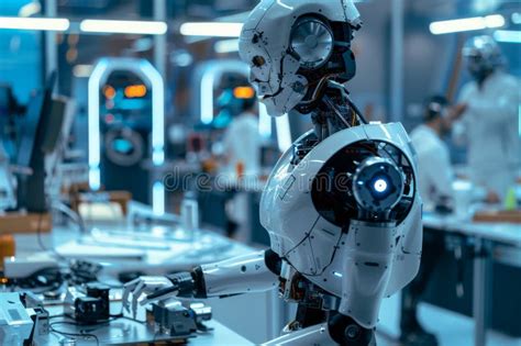a futuristic humanoid robot assembling components in a high tech lab