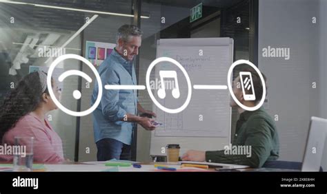 image of digital icons and data processing over diverse business people