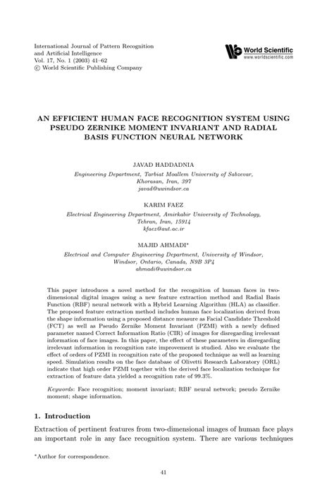 Pdf An Efficient Human Face Recognition System Using Pseudo Zernike Moment Invariant And