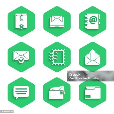 우편 스탬프 봉투 문서 폴더 발신 메일 말풍선 채팅 및 확인 표시 주소록 및 봉투 삭제 아이콘을 설정합니다 벡터 Brand Name Online Messaging