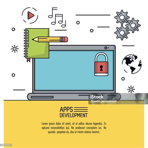 흰색 배경 포스터 주위 노트북과 아이콘 애플 리 케이 션 애플 리 케이 션 개발의 인터넷에 대한 스톡 벡터 아트 및 기타 이미지 인터넷 개념 개발 Istock
