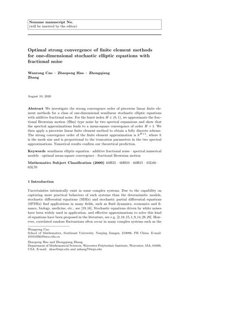 Pdf Optimal Strong Convergence Of Finite Element Methods For One Dimensional Stochastic
