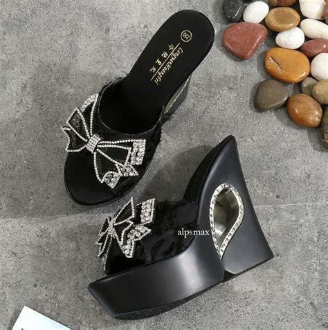 Womens Slippers High Wedge Heel Creepers Shoes Platform Bow Sequins