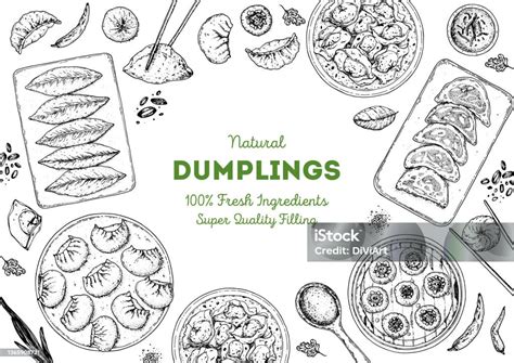 Dumplings Top View Frame Food Menu Design Template Hand Drawn Vector
