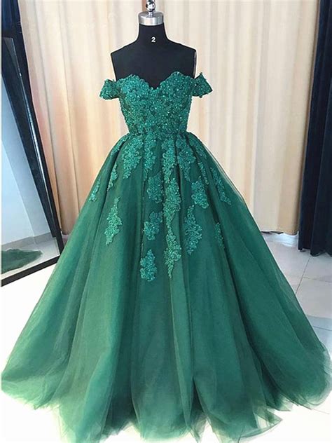 Custom Made Off Shoulder Emerald Green Lace Prom Dresses Green Formal