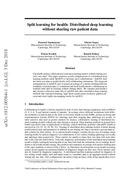Pdf Split Learning For Health Distributed Deep Learning Without