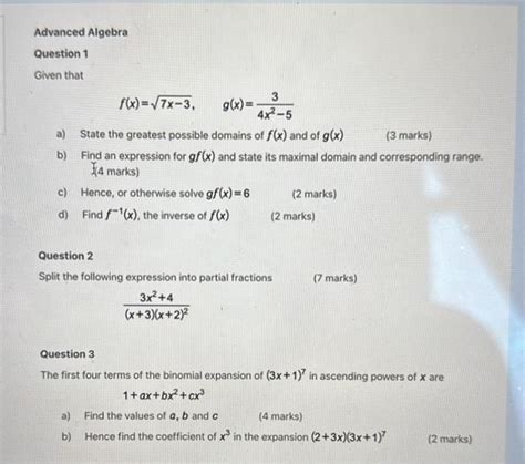 Solved Advanced Algebra Question 1 Given That