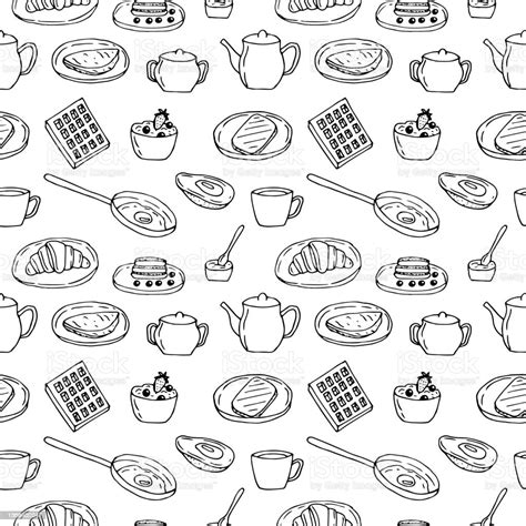 아침 식사 원활한 패턴 벡터 일러스트레이션 손 그리기 낙서 낙서 드로잉에 대한 스톡 벡터 아트 및 기타 이미지 낙서 드로잉 달걀 달콤한 음식 Istock