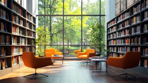 modern library with chairs and reading tables 3d render stock